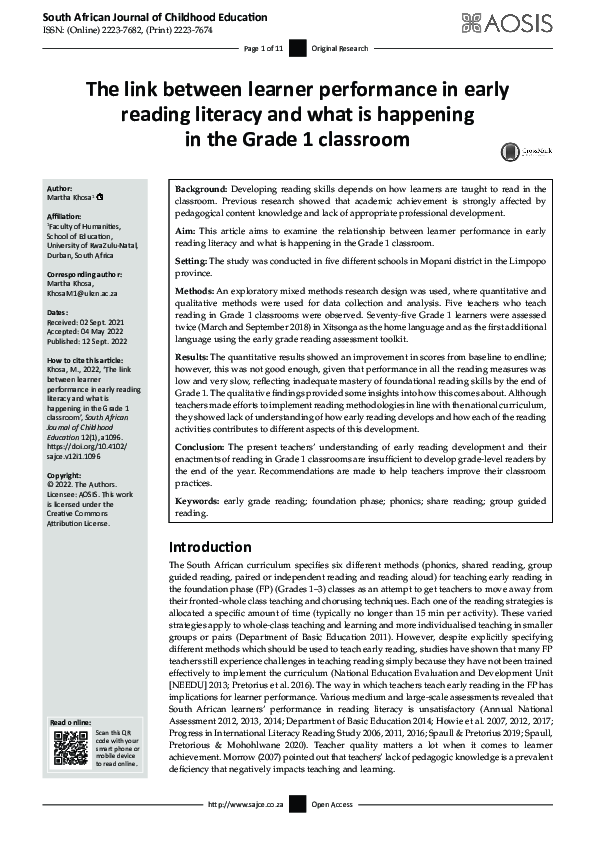 (PDF) The link between learner performance in early reading literacy ...