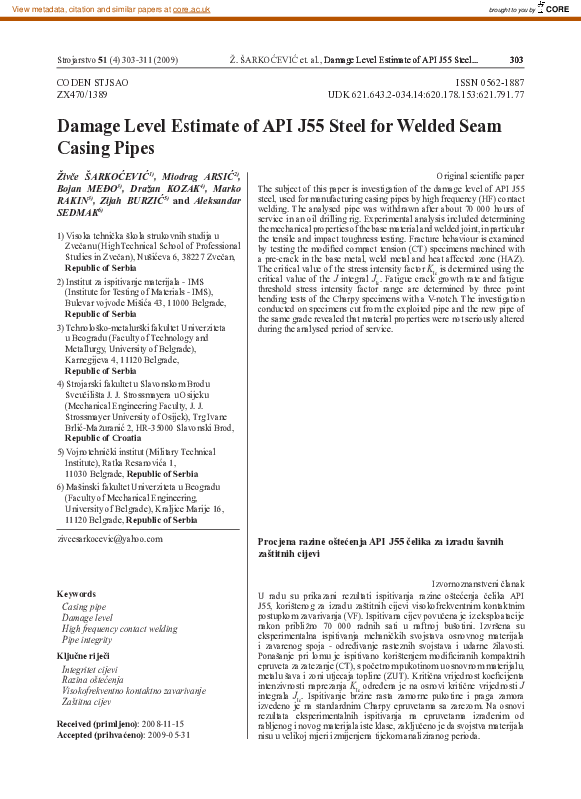 (PDF) Damage level estimate of API J55 steel for welded seam casing pipes