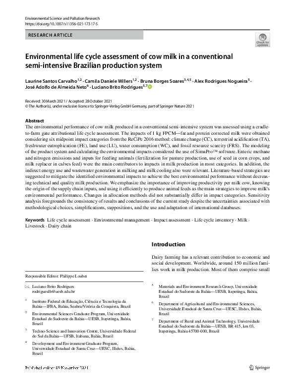 (PDF) Environmental life cycle assessment of cow milk in a conventional ...