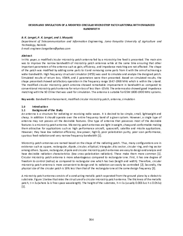 Pdf Design And Simulation Of A Modified Circular Microstrip Patch Antenna With Enhanced Bandwidth