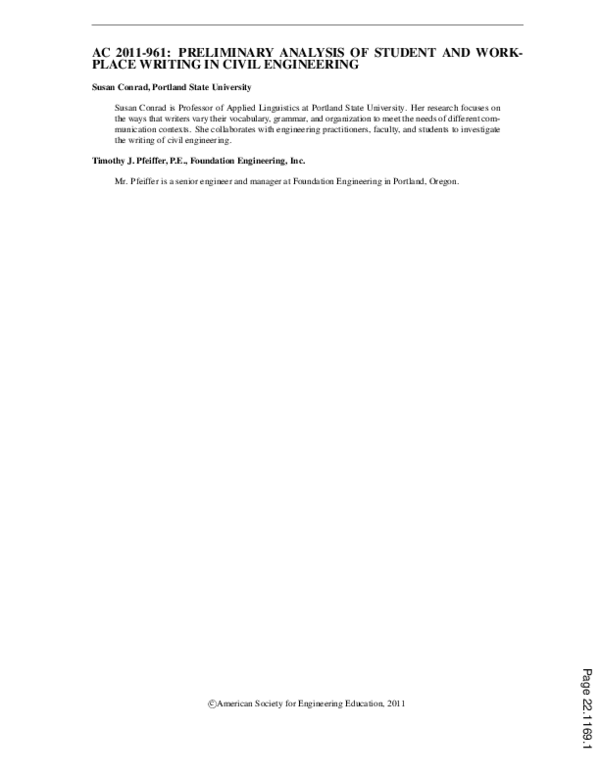(PDF) Preliminary Analysis of Student and Workplace Writing in Civil ...