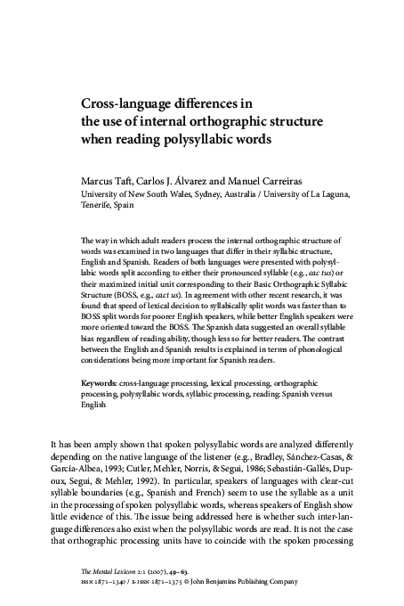 (PDF) Cross-language differences in the use of internal orthographic structure when reading ...