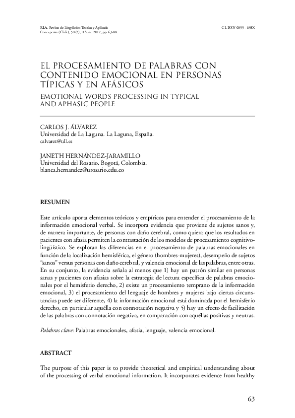 (PDF) El procesamiento de palabras con contenido emocional en personas típicas y en afásicos