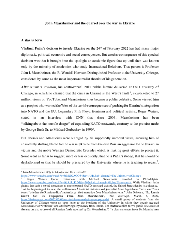 (PDF) John Mearsheimer and the quarrel over the war in Ukraine