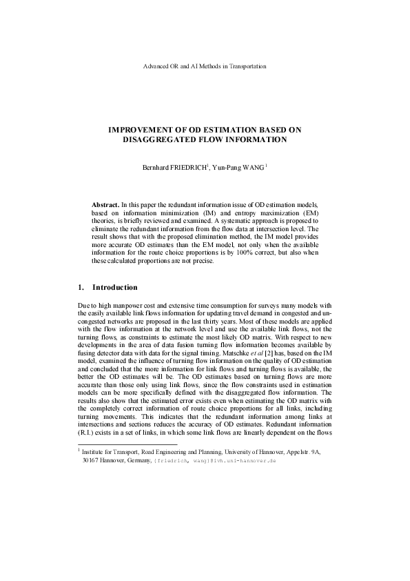 (PDF) Advanced OR and AI Methods in Transportation IMPROVEMENT OF OD ESTIMATION BASED ON ...