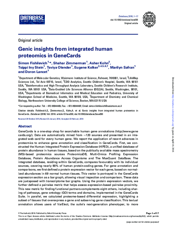 (PDF) Genic insights from integrated human proteomics in GeneCards