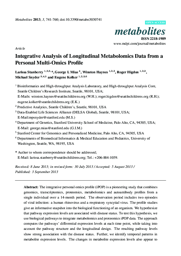 (PDF) Article Integrative Analysis of Longitudinal Metabolomics Data from a Personal Multi-Omics ...