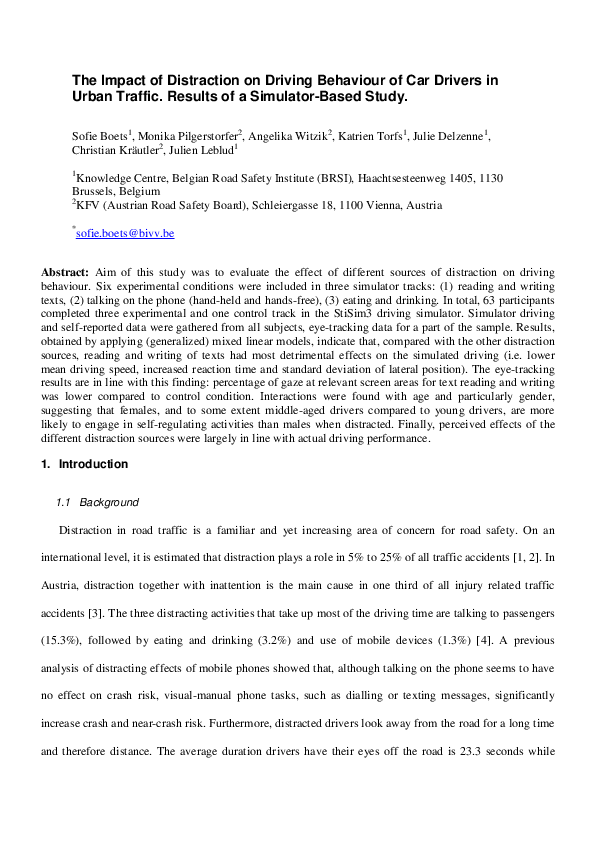 Pdf The Impact Of Distraction On Driving Behaviour Of Car Drivers In Urban Traffic Results