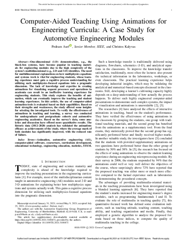 Pdf Computer Aided Teaching Using Animations For Engineering