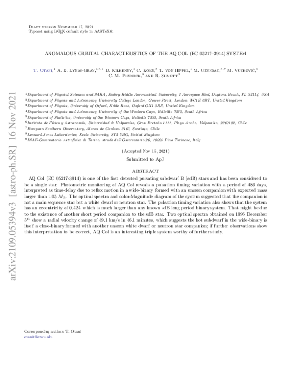 (PDF) Anomalous Orbital Characteristics of the AQ Col (EC 05217-3914 ...