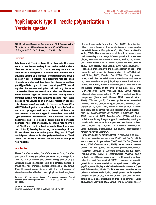 (PDF) YopR impacts type III needle polymerization in Yersinia species