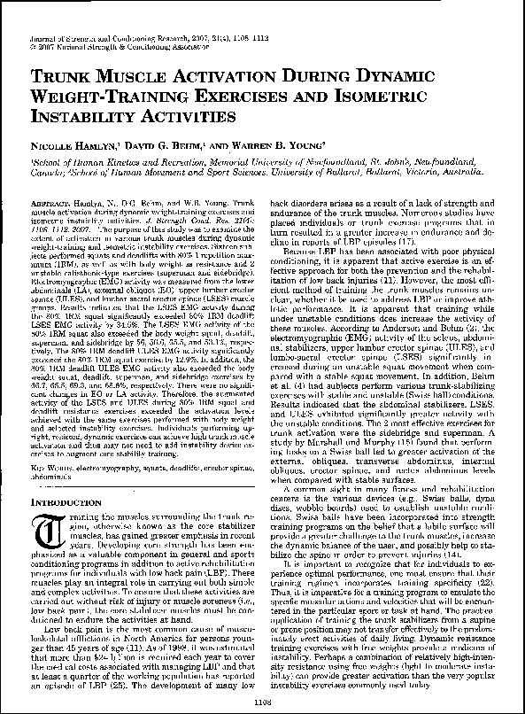 (PDF) Trunk Muscle Activation During Dynamic Weight-Training Exercises and Isometric Instability ...