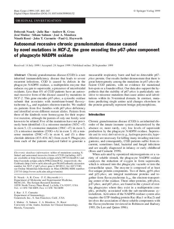 (PDF) Autosomal recessive chronic granulomatous disease caused by novel mutations in NCF-2 , the ...