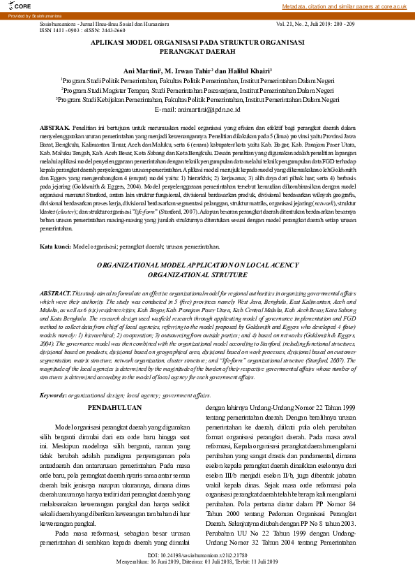 (PDF) Aplikasi Model Organisasi Pada Struktur Organisasi Perangkat Daerah