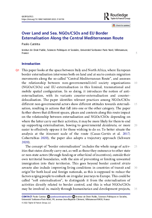 (PDF) Over Land and Sea. NGOs/CSOs and EU Border Externalisation Along ...