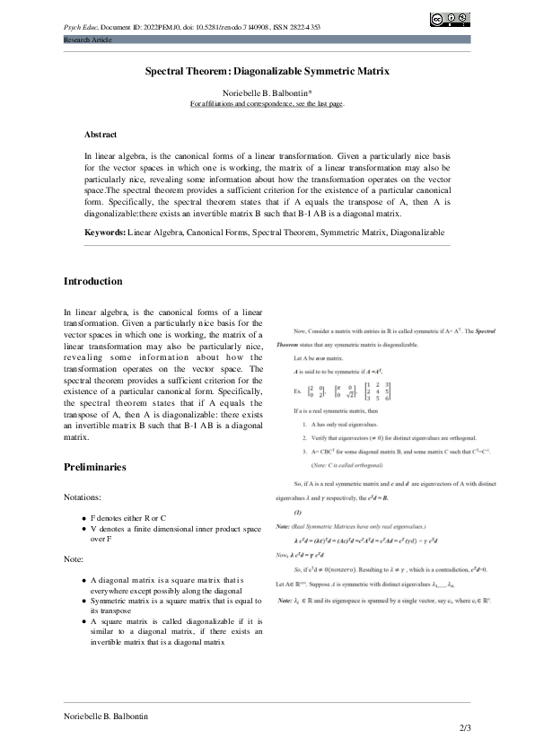 Pdf Spectral Theorem Diagonalizable Symmetric Matrix