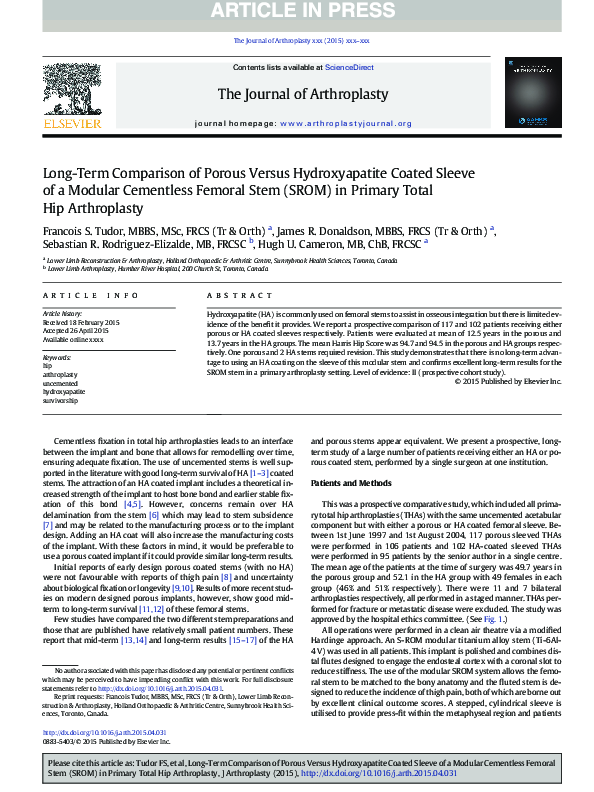 (PDF) Long-Term Comparison of Porous Versus Hydroxyapatite Coated ...