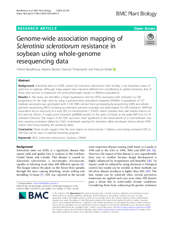 (PDF) Genome Wide Association Mapping of Sclerotinia sclerotiorum Resistance in Soybean with a ...