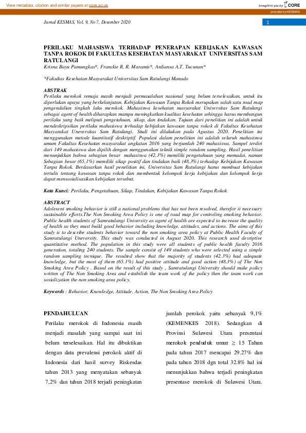 (PDF) Perilaku Mahasiswa Terhadap Penerapan Kebijakan Kawasan Tanpa Rokok DI Fakultas Kesehatan ...