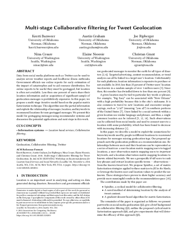 (PDF) Multi-stage Collaborative filtering for Tweet Geolocation