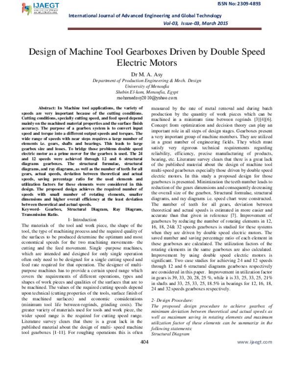 (PDF) Design of Machine Tool Gearboxes Driven by Double Speed Electric Motors