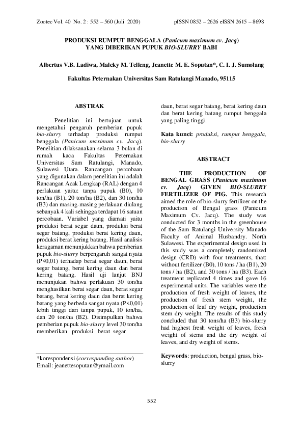 (PDF) PRODUKSI RUMPUT BENGGALA (Panicum maximum cv. Jacq) YANG ...