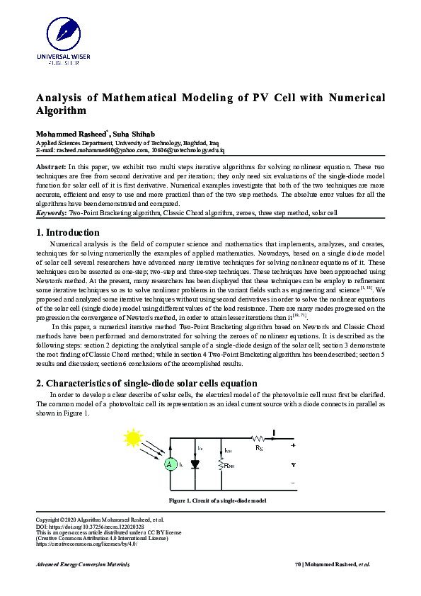 (PDF) Analysis of Mathematical Modeling of PV Cell with Numerical Algorithm