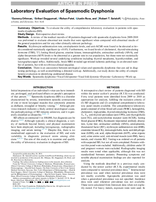 (PDF) Laboratory Evaluation of Spasmodic Dysphonia