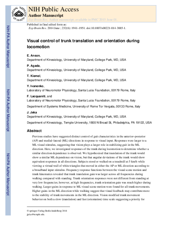 (PDF) Visual control of trunk translation and orientation during ...