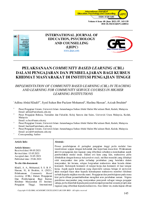 (PDF) Implementation of Community Based Learning (CBL) in Teaching and Learning for Community ...