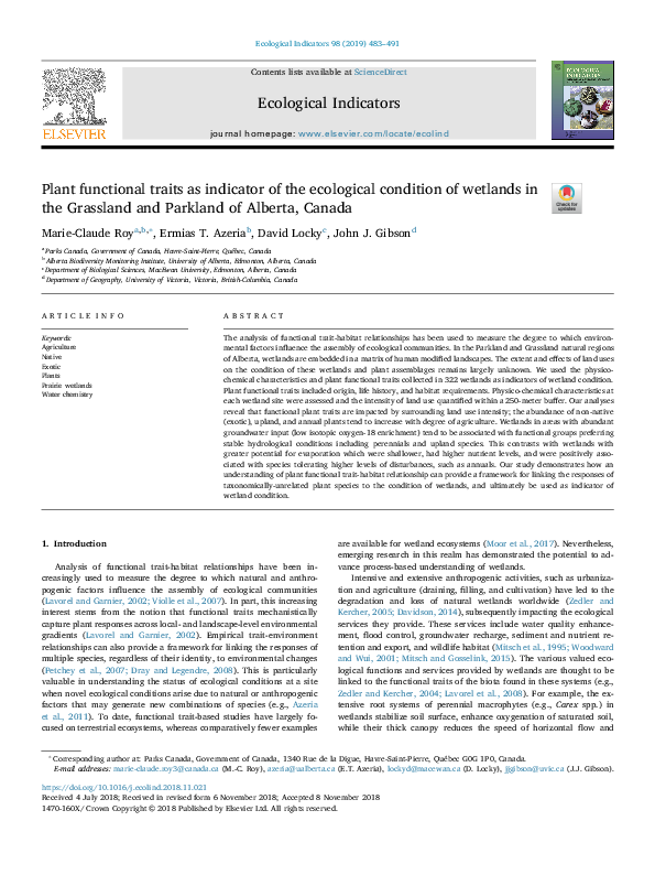 (PDF) Plant functional traits as indicator of the ecological condition ...