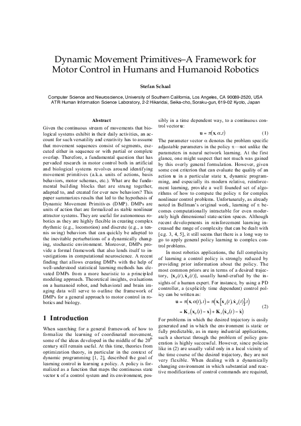 (PDF) Dynamic Movement Primitives -A Framework for Motor Control in Humans and Humanoid Robotics