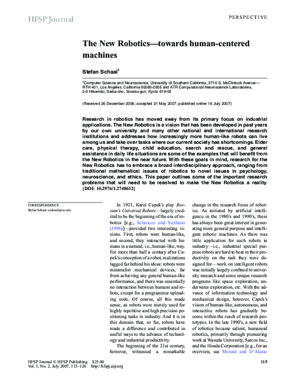 (PDF) The New Robotics-towards human-centered machines