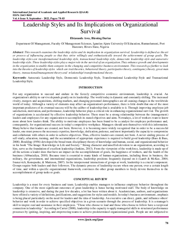 (PDF) Leadership Styles and Its Implications on Organizational Survival
