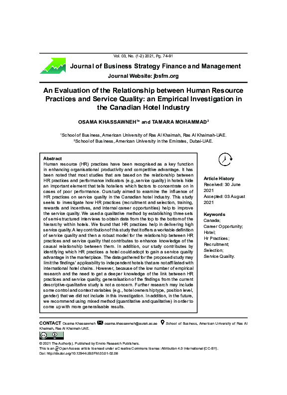 (PDF) An Evaluation of the Relationship between Human Resource Practices and Service Quality: an ...