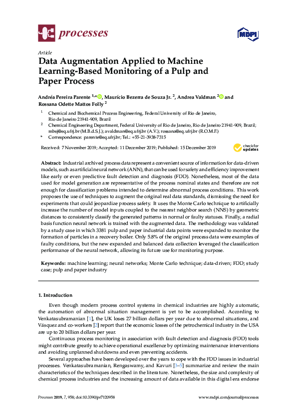 (PDF) Data Augmentation Applied to Machine Learning-Based Monitoring of a Pulp and Paper Process