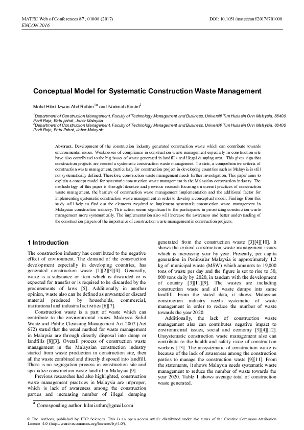 (PDF) Conceptual Model for Systematic Construction Waste Management | narimah kasim - Academia.edu