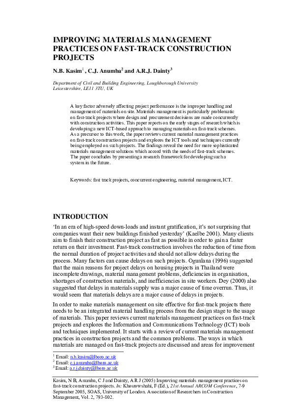 (PDF) Improving materials management practices on fast-track ...