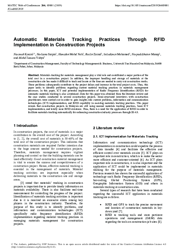 (PDF) Automatic Materials Tracking Practices Through RFID Implementation in Construction Projects