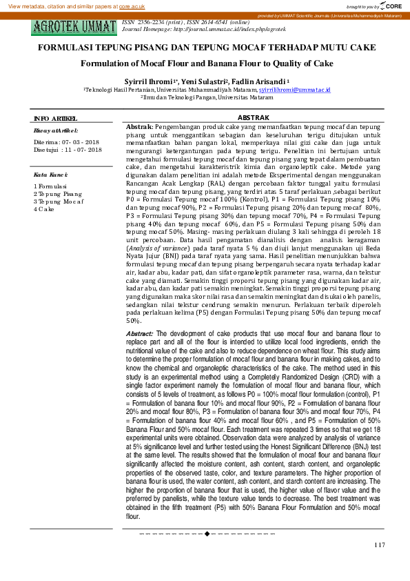 (PDF) Formulasi Tepung Pisang Dan Tepung Mocaf Terhadap Mutu Cake