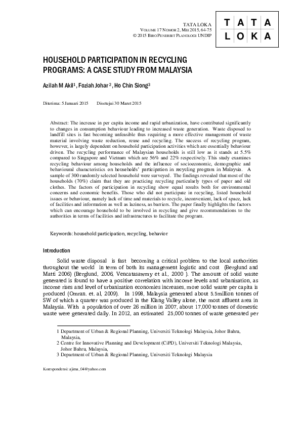 (PDF) Household Participation in Recycling Programs: A Case Study from ...