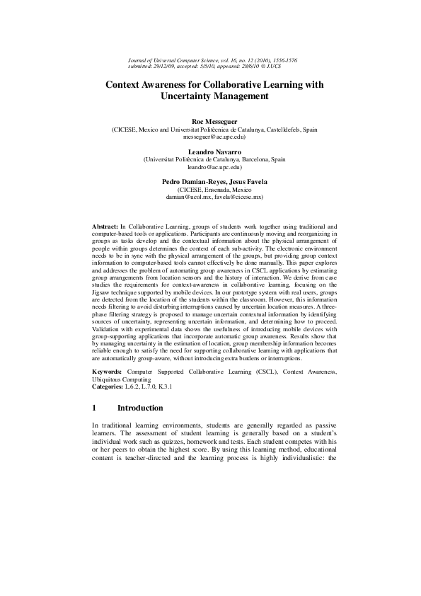 (PDF) Context Awareness for Collaborative Learning with Uncertainty Management