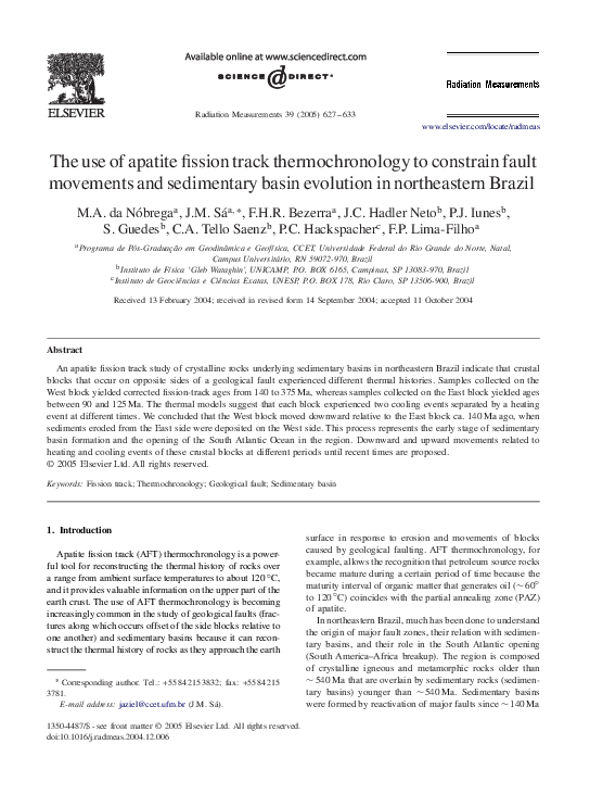 (PDF) The use of apatite fission track thermochronology to constrain fault movements and ...