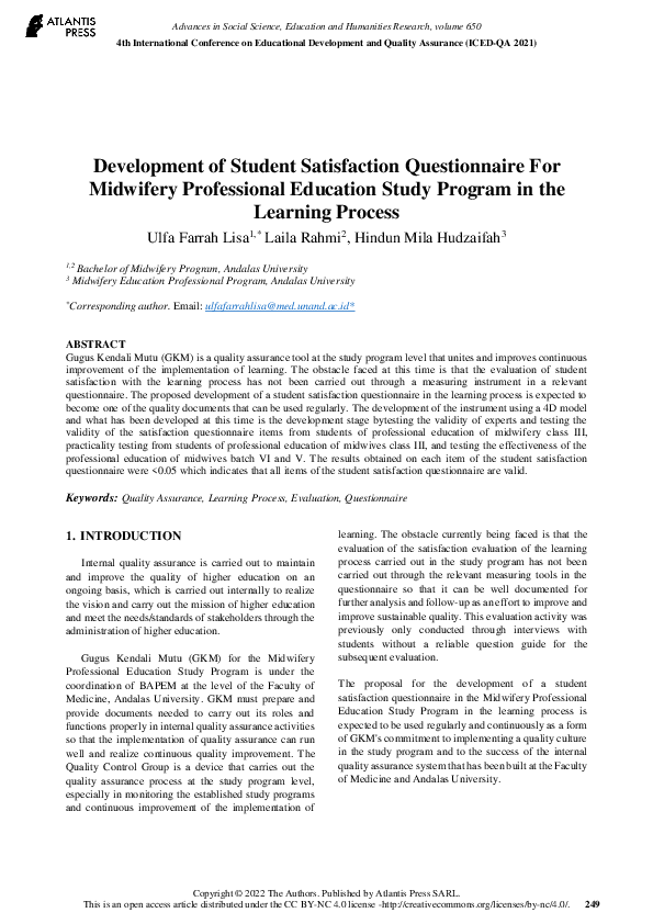 (PDF) Development of Student Satisfaction Questionnaire For Midwifery ...
