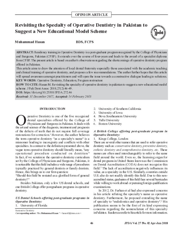 (PDF) Improving Operative Dentistry Education in Pakistan