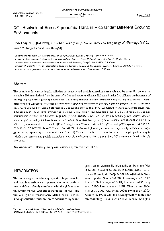(PDF) QTL Analysis of Some Agronomic Traits in Rice Under Different Growing Environments