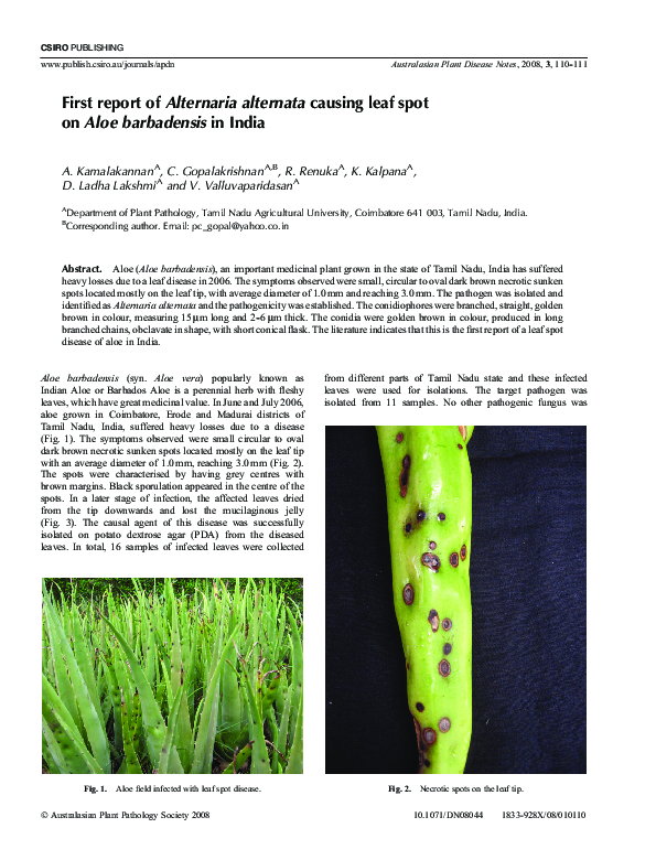 (PDF) First report of Alternaria alternata causing leaf spot on Aloe barbadensis in India