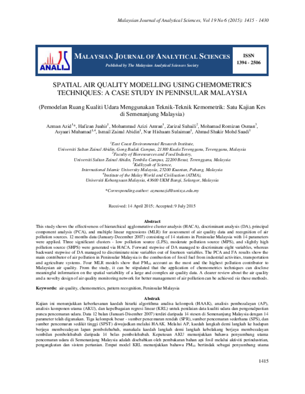 (PDF) Spatial Air Quality Modelling Using Chemometrics Techniques : A ...