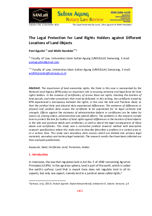 (PDF) The Legal Protection for Land Rights Holders against Different ...
