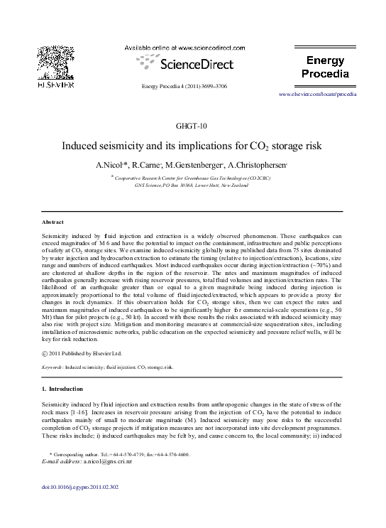 (PDF) Induced seismicity and its implications for CO2 storage risk
